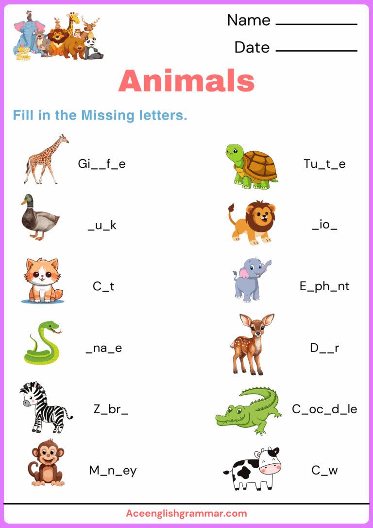 Animal Names Worksheets in English - AceEnglishGrammar