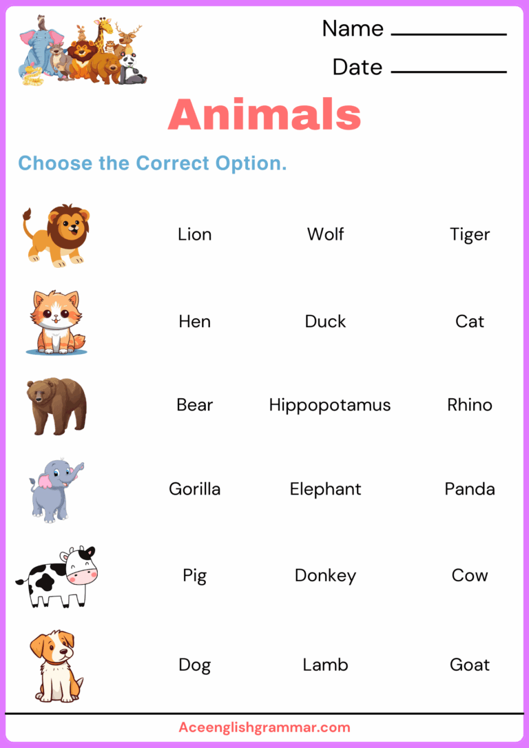 Animal Names Worksheets in English - AceEnglishGrammar