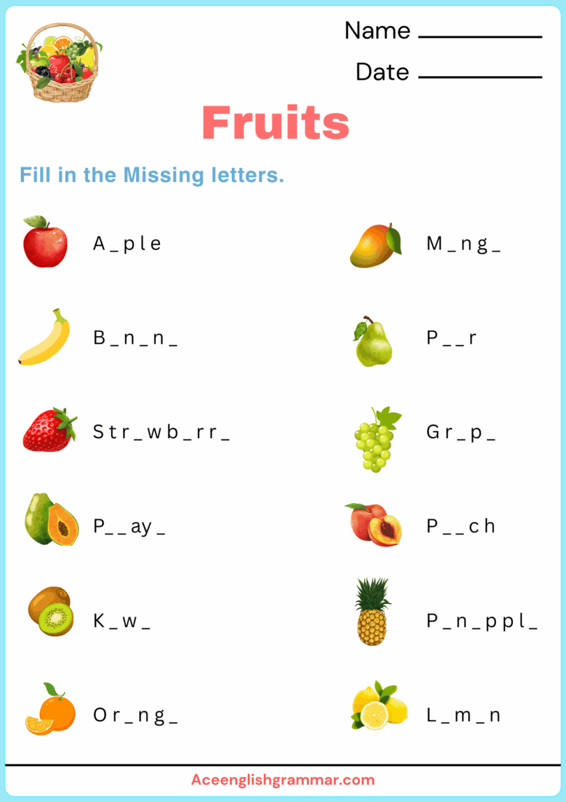 Fruits Vocabulary Worksheets in English - AceEnglishGrammar