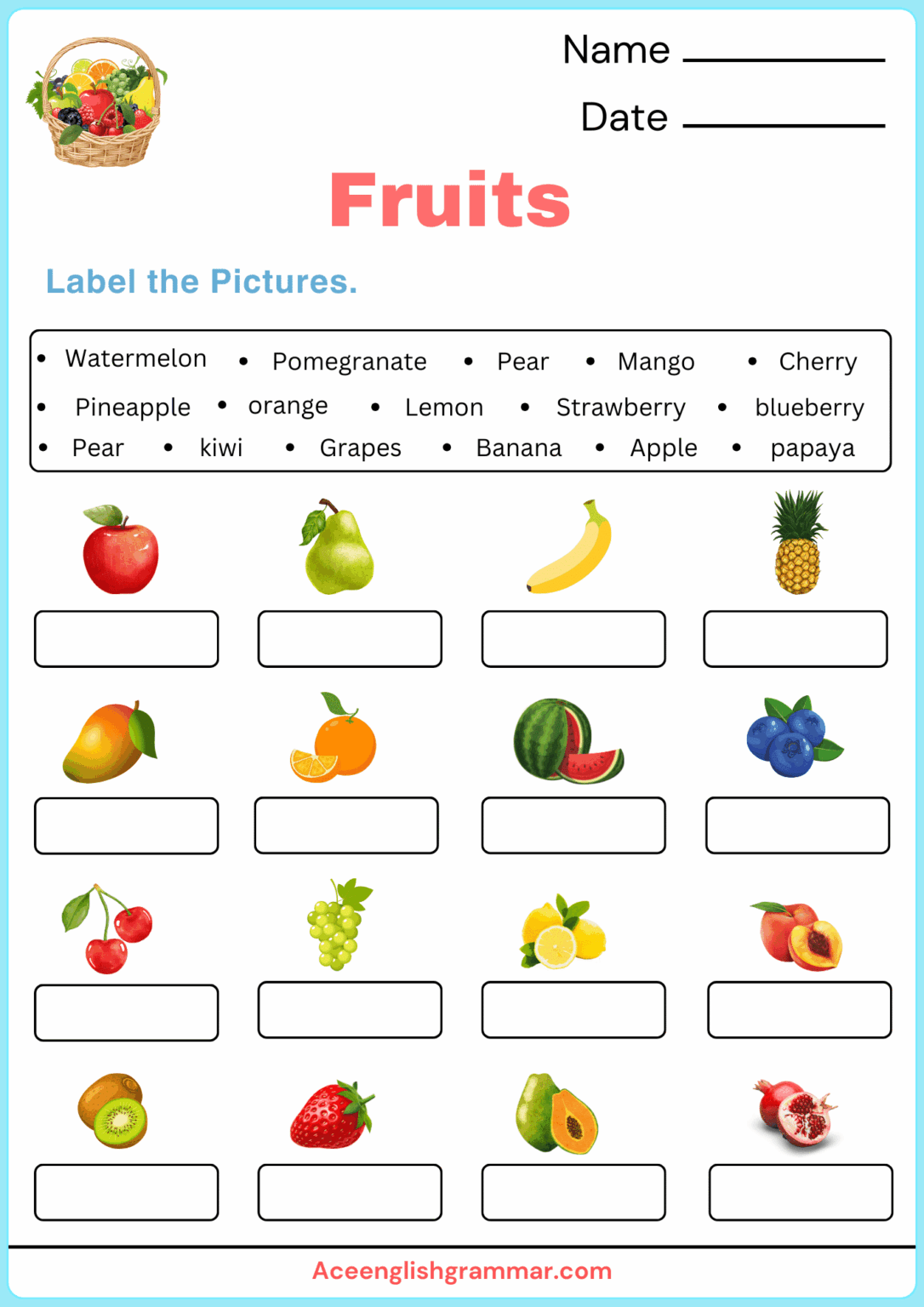 Fruits Vocabulary Worksheets in English - AceEnglishGrammar