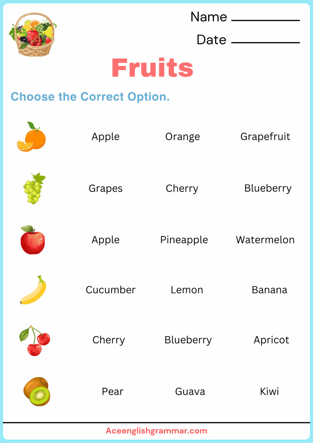 Fruits Vocabulary Worksheets in English - AceEnglishGrammar
