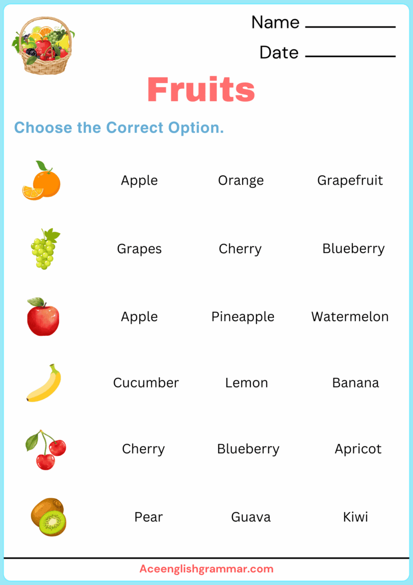 Fruits Vocabulary Worksheets in English - AceEnglishGrammar