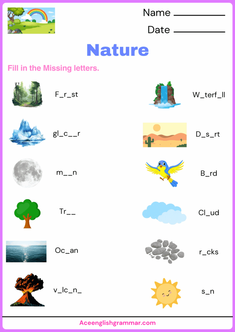 Nature Vocabulary Worksheets in English - AceEnglishGrammar