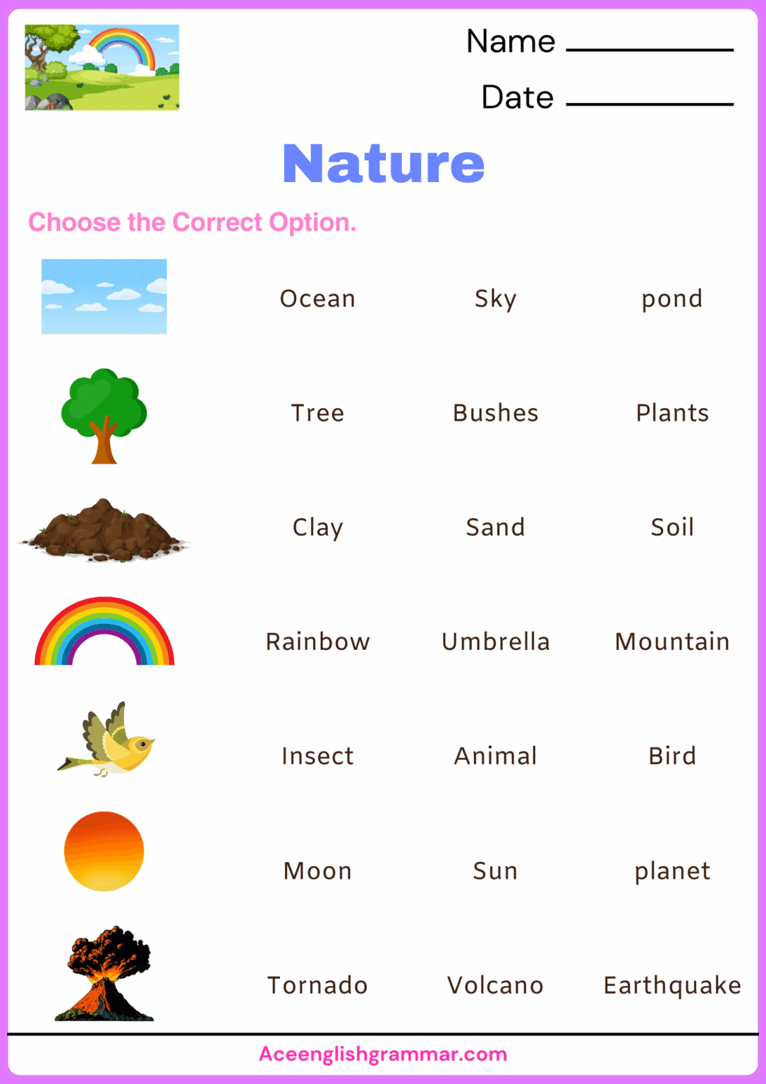 Nature Vocabulary Worksheets in English - AceEnglishGrammar