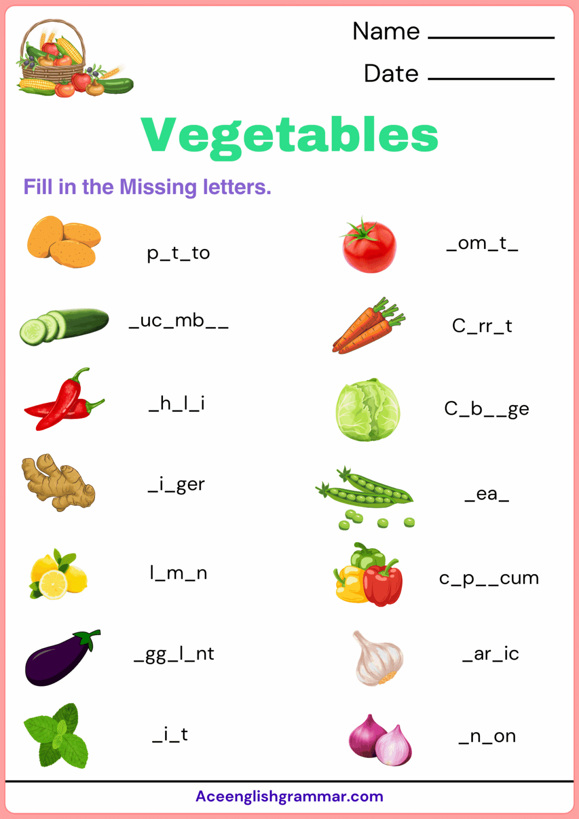 Vegetables Vocabulary Worksheets - AceEnglishGrammar