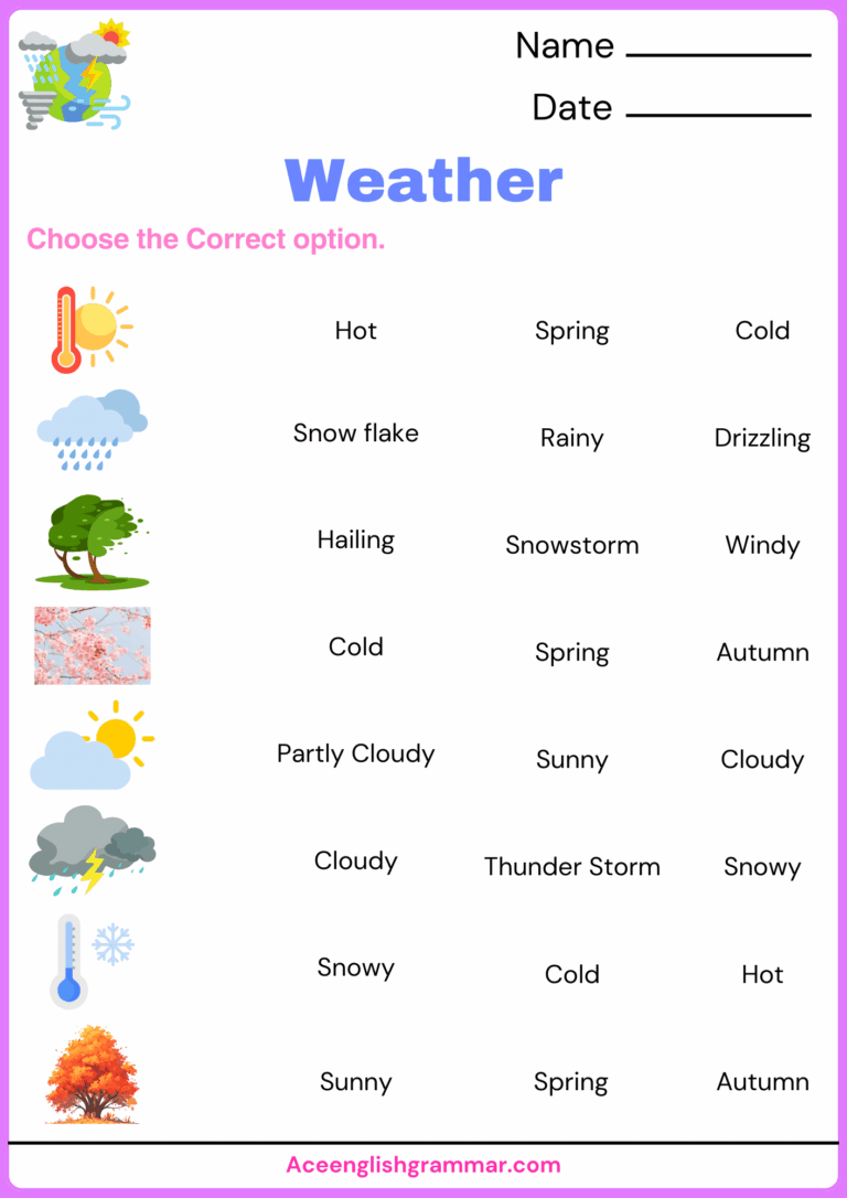 Weather Vocabulary Worksheets in English - AceEnglishGrammar