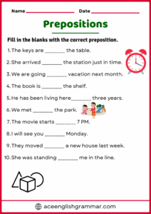 Printable Worksheets on Prepositions with Answers - AceEnglishGrammar