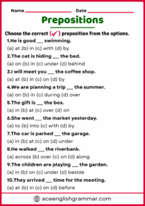 Printable Worksheets on Prepositions with Answers - AceEnglishGrammar