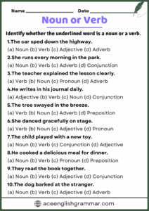 Printable Noun or Verb Worksheets with Answers - AceEnglishGrammar