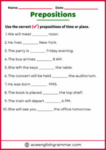 Printable Worksheets on Prepositions with Answers - AceEnglishGrammar