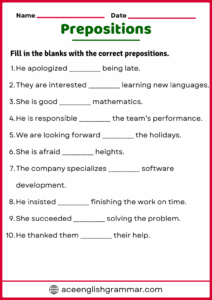 Printable Worksheets on Prepositions with Answers - AceEnglishGrammar