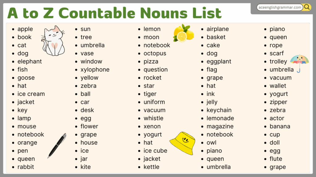 300 Countable Nouns List and Examples in English